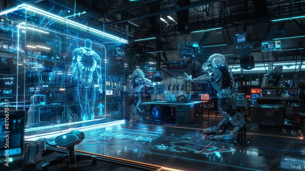 futuristic robotics lab where engineers are working on advanced robotic ...