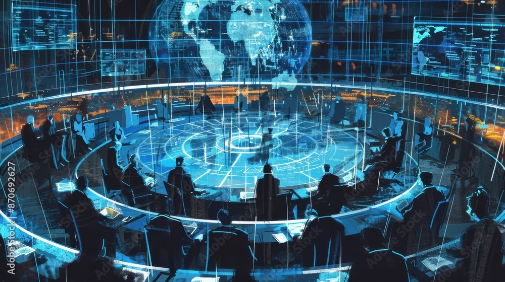 Futuristic Command Center With Global Data Analysis And Technology Innovation Stock Illustration