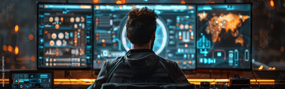 back view, a man is seen using a multi screen computer setup in a contemporary office. The ...