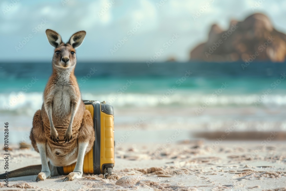 A kangaroo dressed as a tourist, enjoying the sun, sand, and surf of ...