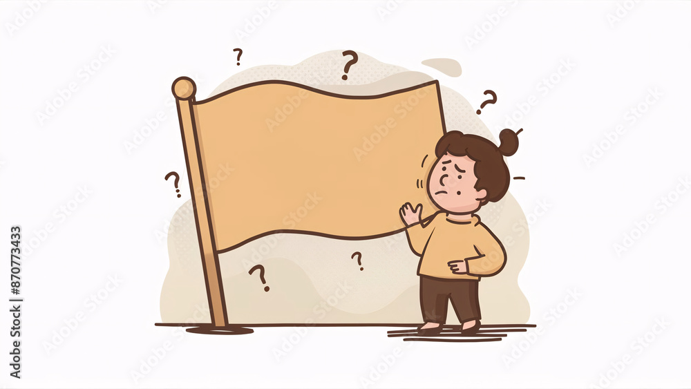 Cartoon of a child looking confused at an beige flag surrounded by ...