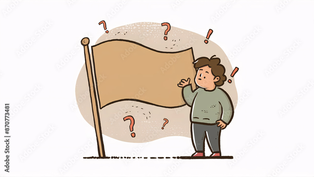 Cartoon drawing of a person confused by a beige flag, with question ...
