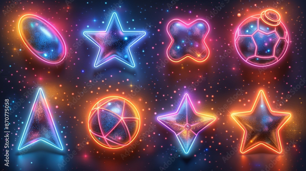 Produce a neon set of sports psychology symbols, including shining ...