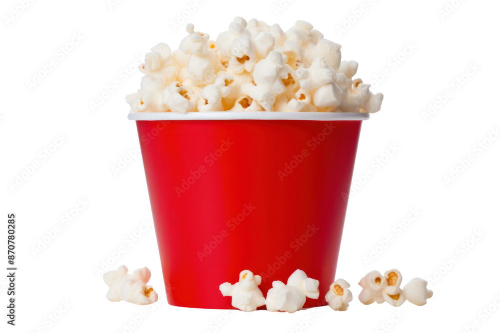 Popcorn in a large bucket Isolated pieces on a white background It ...