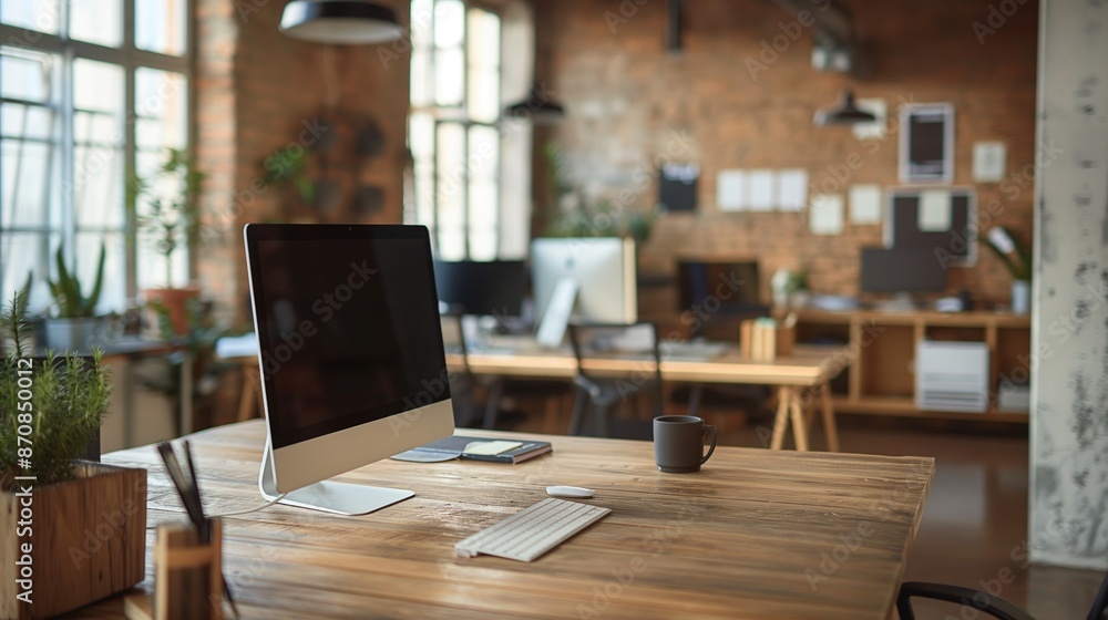 Modern office scene with ample copy space on the walls and desk areas ...