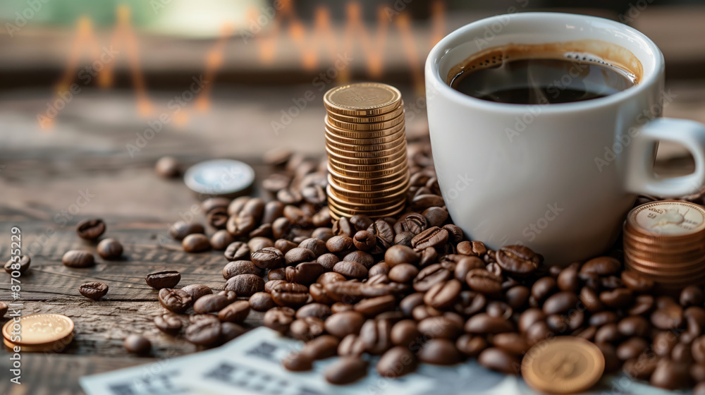 Cup of coffee with beans, dollar bills, and coins symbolizes rising ...