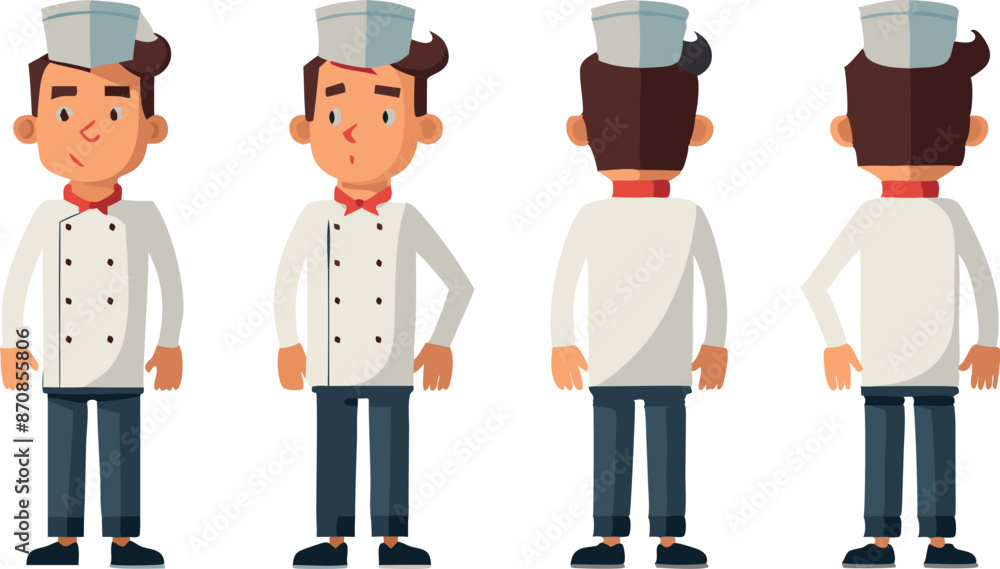 Cartoon illustration of a chef in different angles, front, side, and ...
