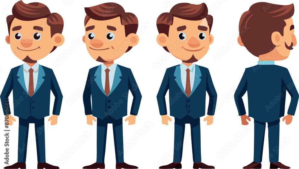 Cartoon businessman character in suit shown in four different angles ...