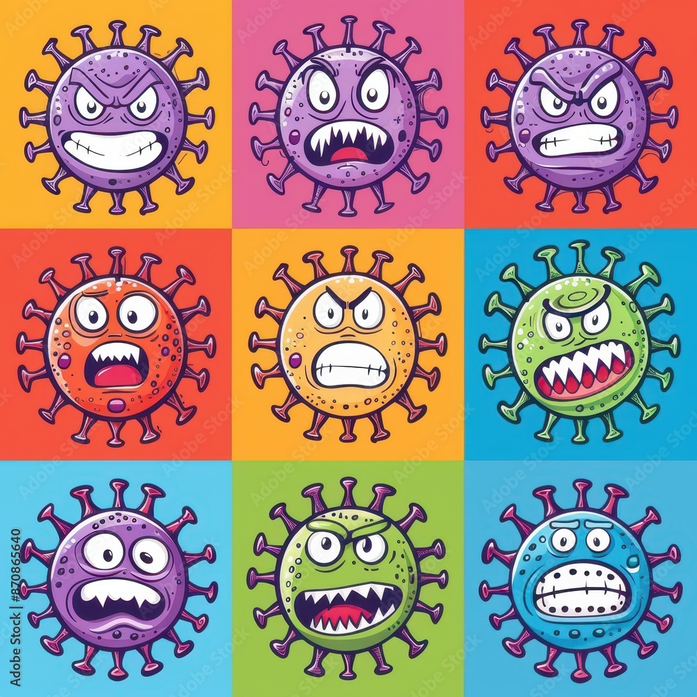 Colorful cartoon virus illustration. Nine angry virus characters on ...