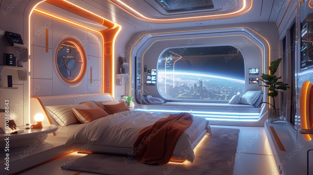 a hyperreal futuristic hotel room with smart features, ambient lighting ...