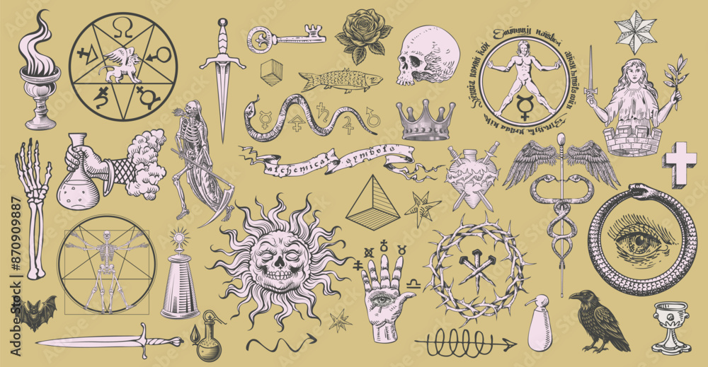 alchemical symbols in the style of medieval engraving. Stock Vector ...