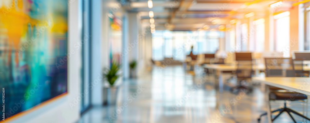 A blurred bright office background with open-plan workstations, vibrant ...