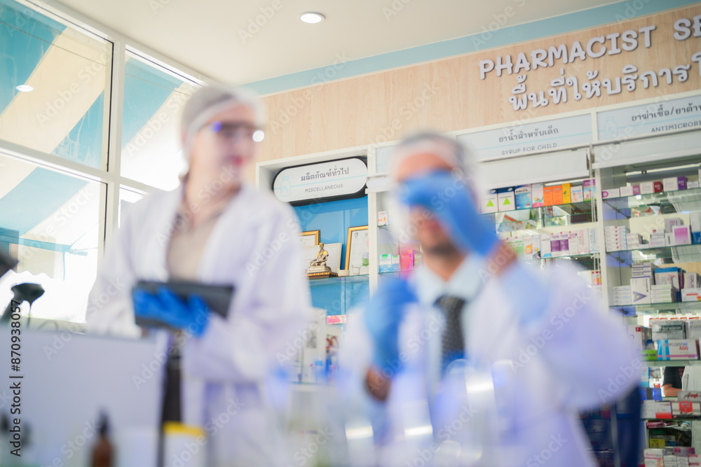 scientist doctors wear lab coat. Chemicals serums and antibiotics are ...