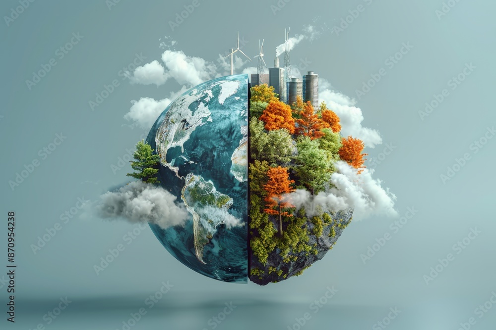 Half the globe shows industrial buildings and wind turbines, other half ...