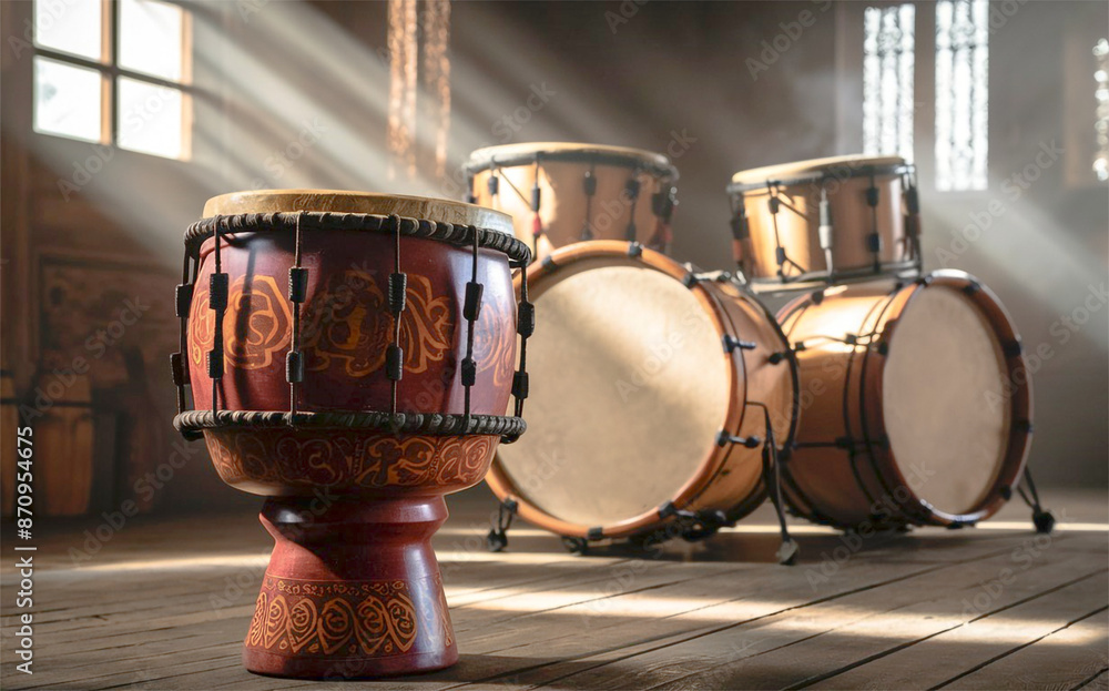 ethnic and artisanal drum next to traditional instrumental drums Stock ...