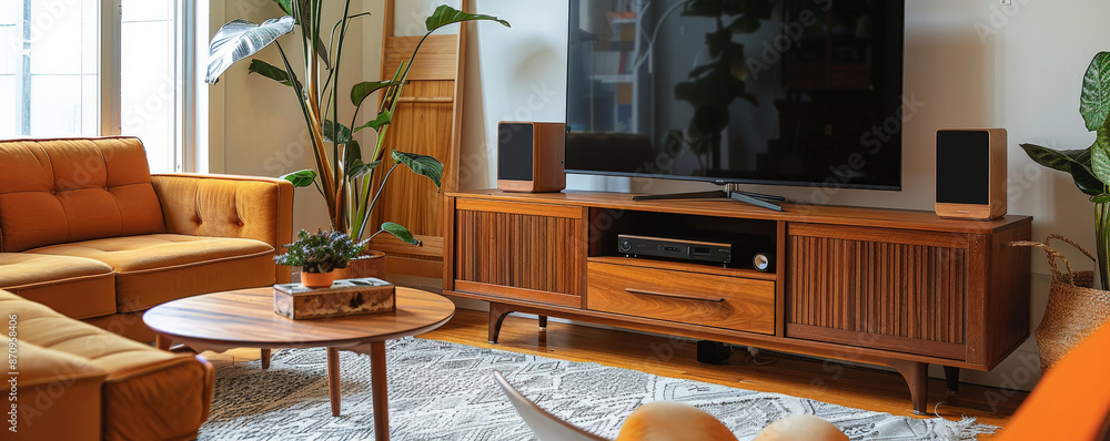 A modern living room featuring a wooden media console, large TV, and ...
