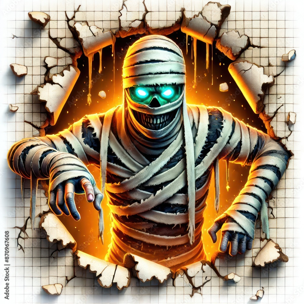 3D watercolor-style illustration of a mummy crawling out of a cracked ...