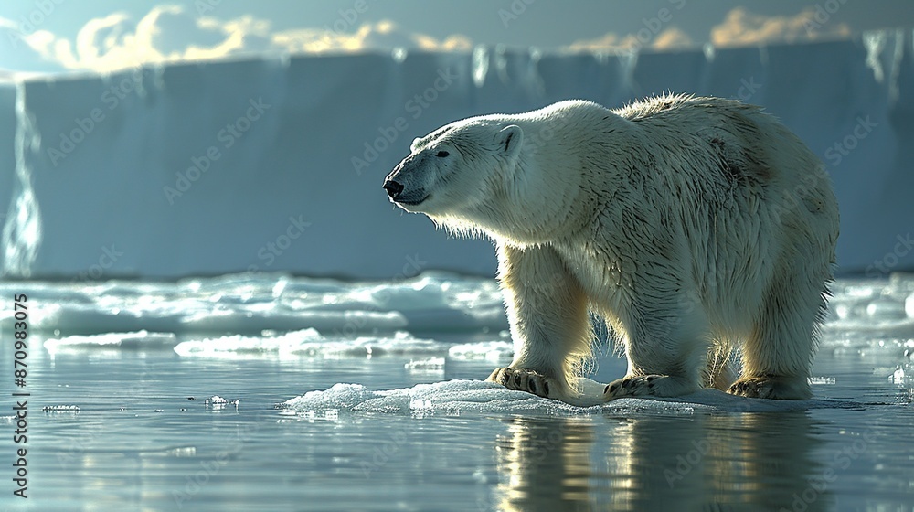 Realistic photo of a polar bear on a shrinking ice floe, starkly ...