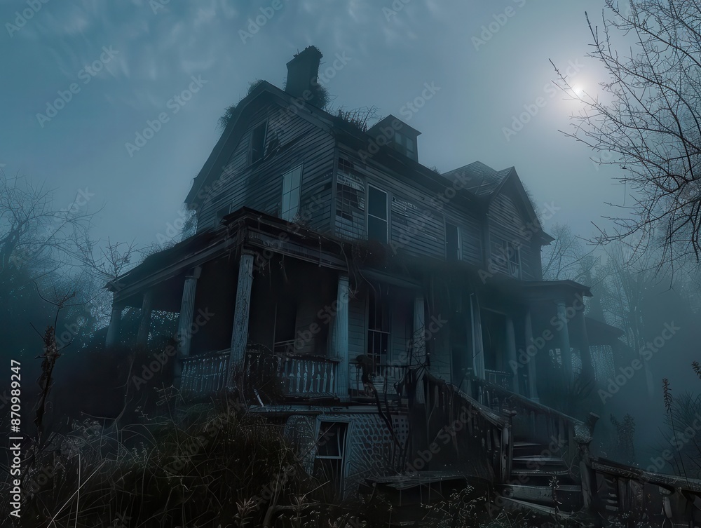 eerie abandoned mansion shrouded in mist moonlight casting long shadows dilapidated victorian ...
