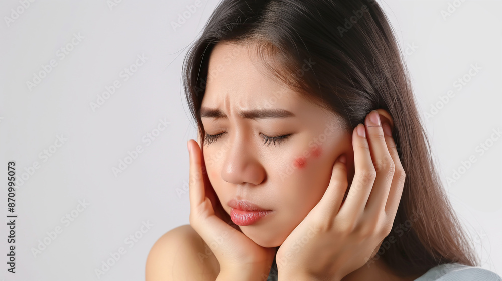 Dermatology asian young woman allergy, allergic reaction from atopic, insect bite, scratching ...