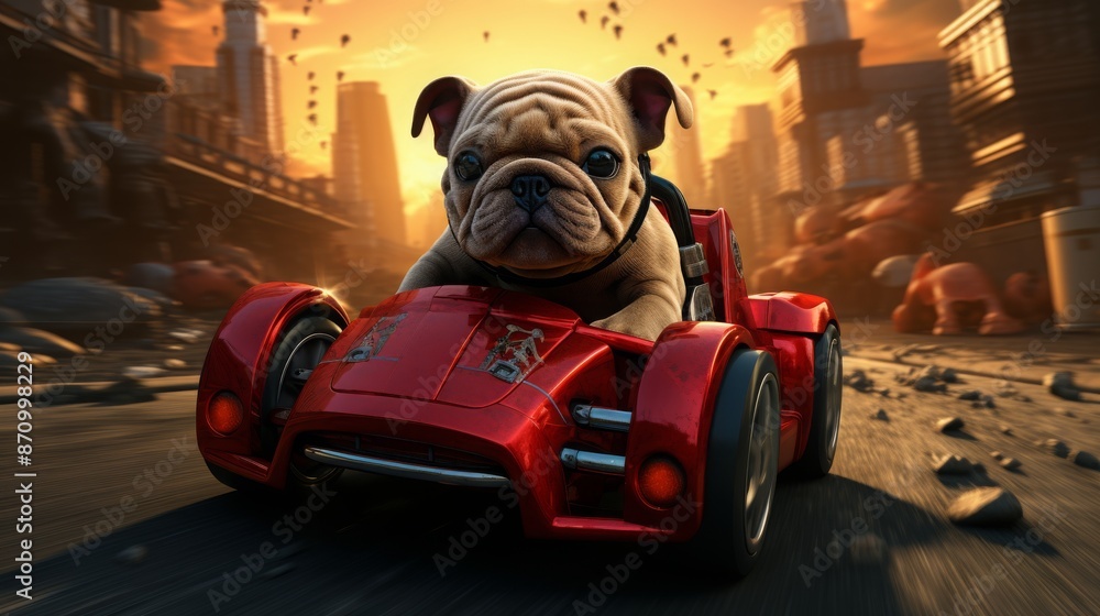 Pug puppy driving a red sports car in a post-apocalyptic city, concept ...