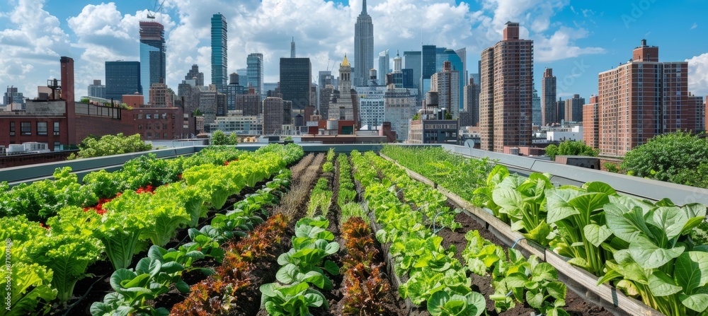 Sustainable Urban Rooftop Farm with Vegetable Rows and City Skyline for ...