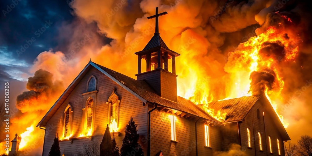 Burning church engulfed in flames, smoke billowing, and cross ablaze ...
