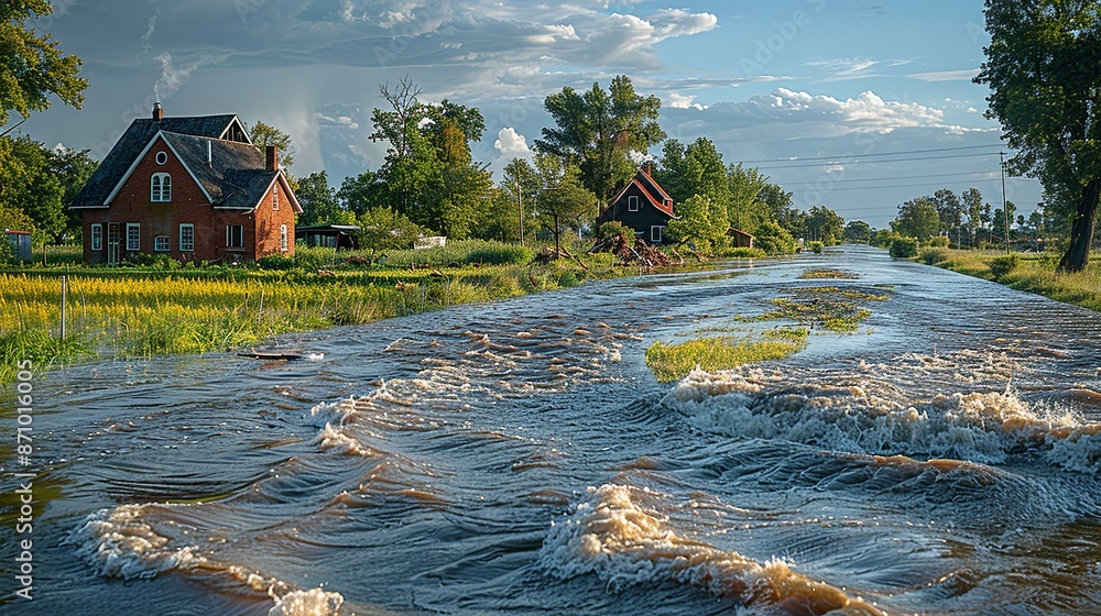 Dynamic realistic photo of an El Nino-induced flood in a rural area ...