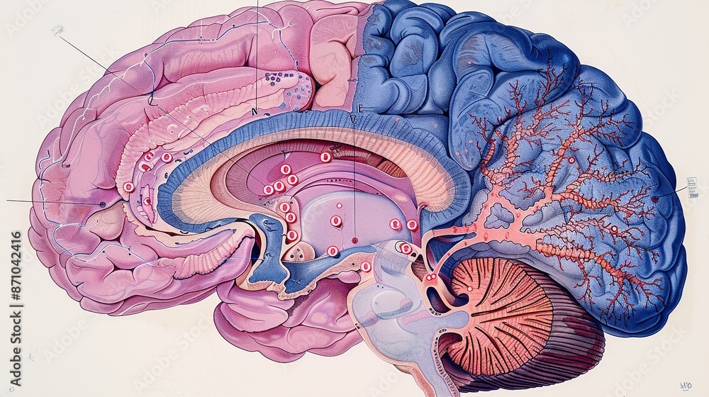 Cross-sectional diagram of the human brain, highlighting major regions ...