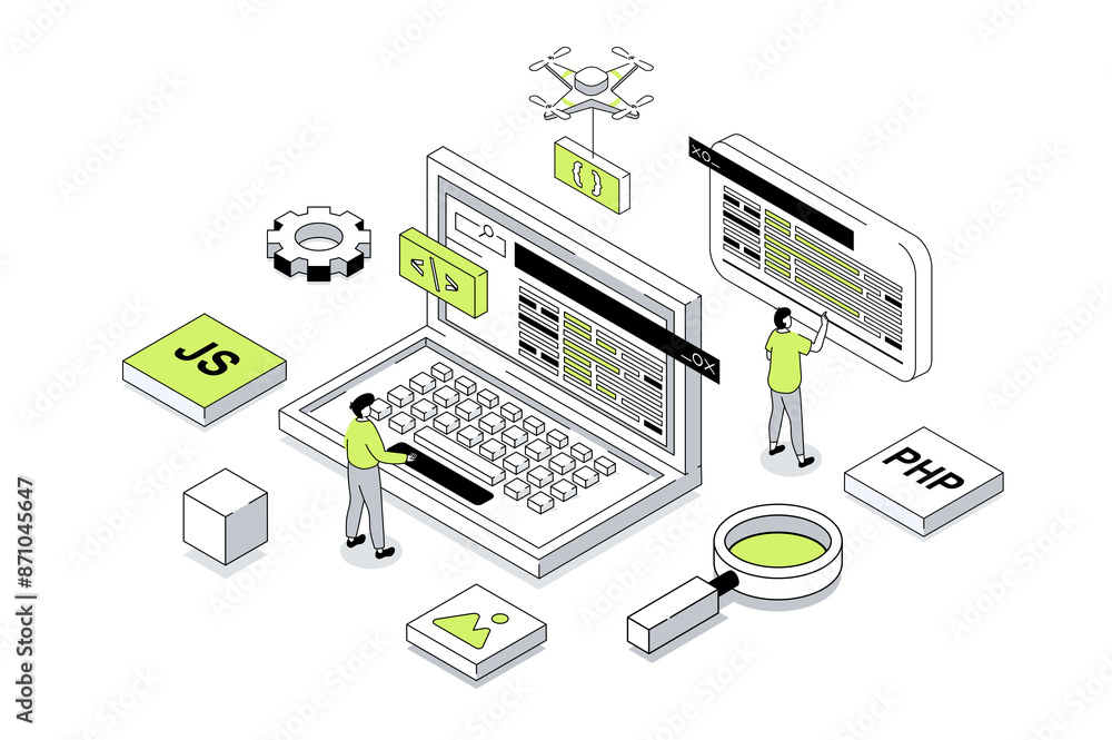 Website creating 3d isometric concept in outline isometry design for web. People creating UI UX ...