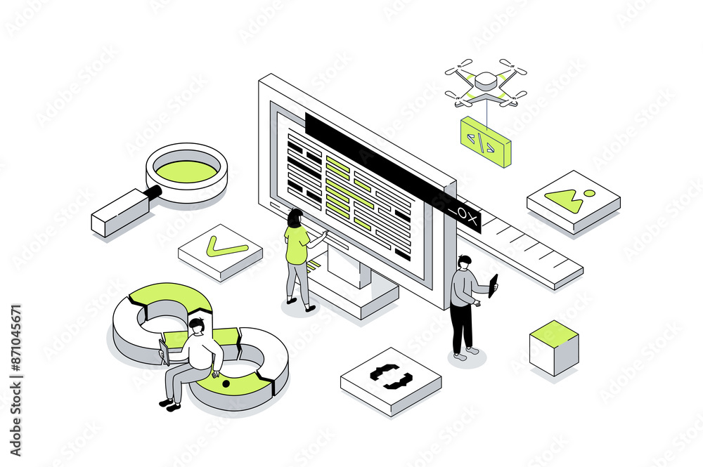 DevOps 3d isometric concept in outline isometry design for web. People communicating in team and ...