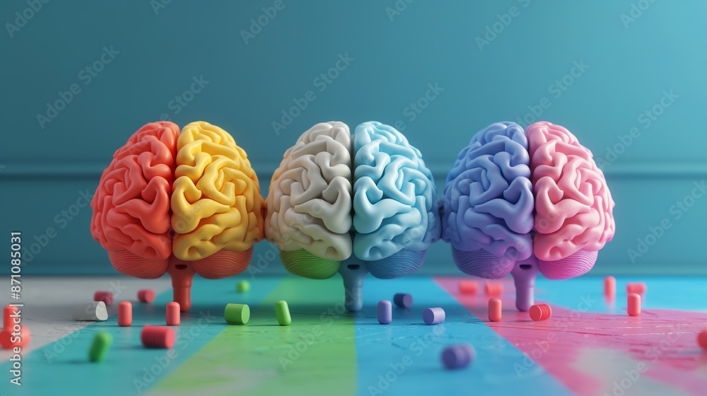Colorful brain models on a vibrant background, symbolizing creativity ...