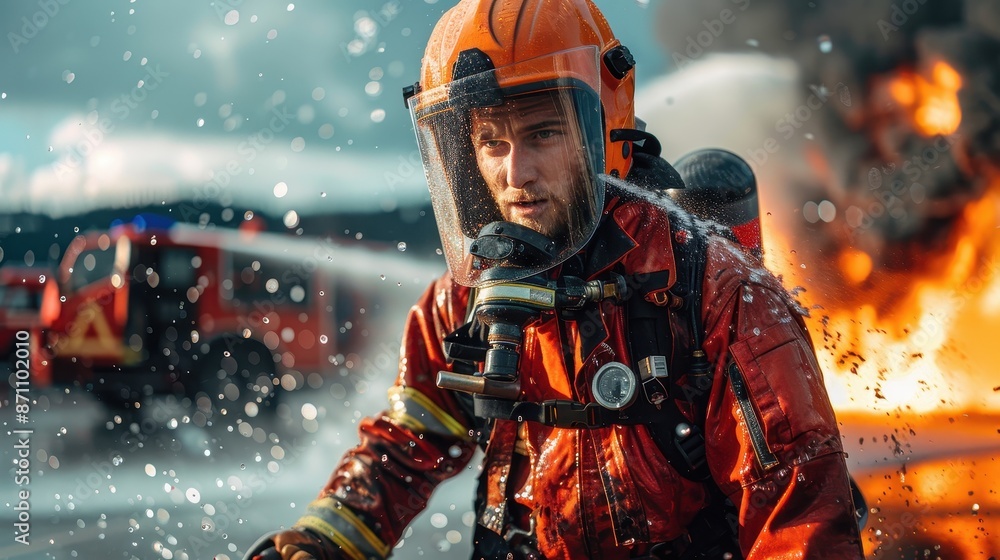 A firefighter dressed in full gear, including a helmet and oxygen mask ...