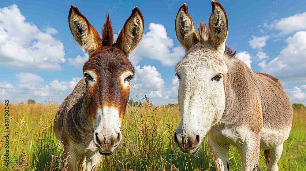 This image features two donkeys standing on a scenic grassland under a ...