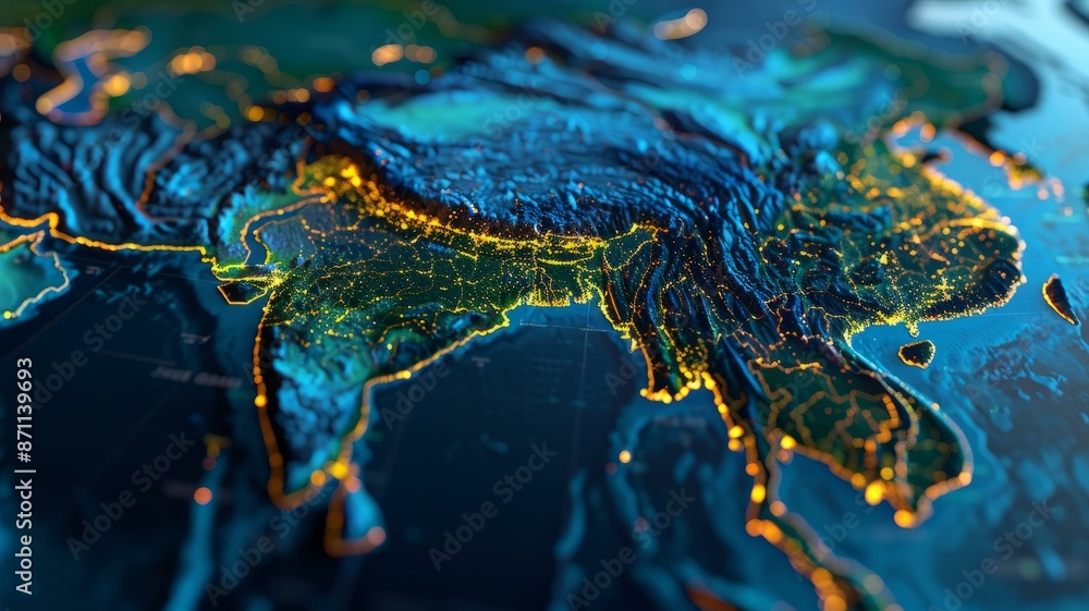 Illuminated cities in Southeast Asia on a 3D map showing geographic ...