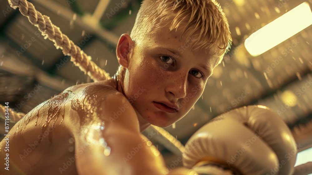 Photograph of a 17-year-old blonde British boxer hanging in the ring on ...
