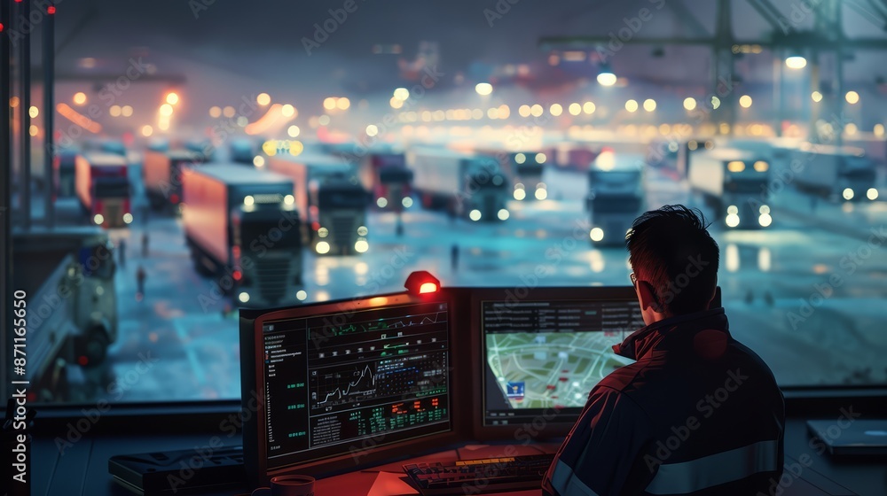A dispatcher monitoring a fleet of delivery trucks via a digital ...
