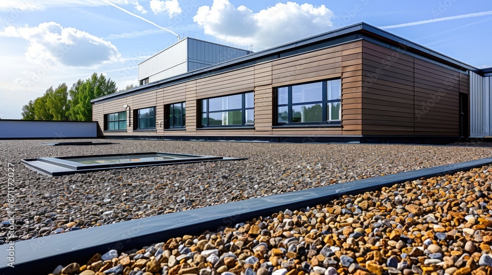 Commercial Roofing. Flat Roof with Gravel Surface and Skylight on ...