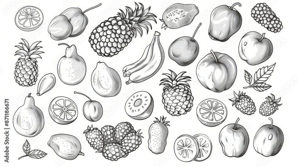 Various hand-drawn fruits illustrated in a monochromatic artistic style ...