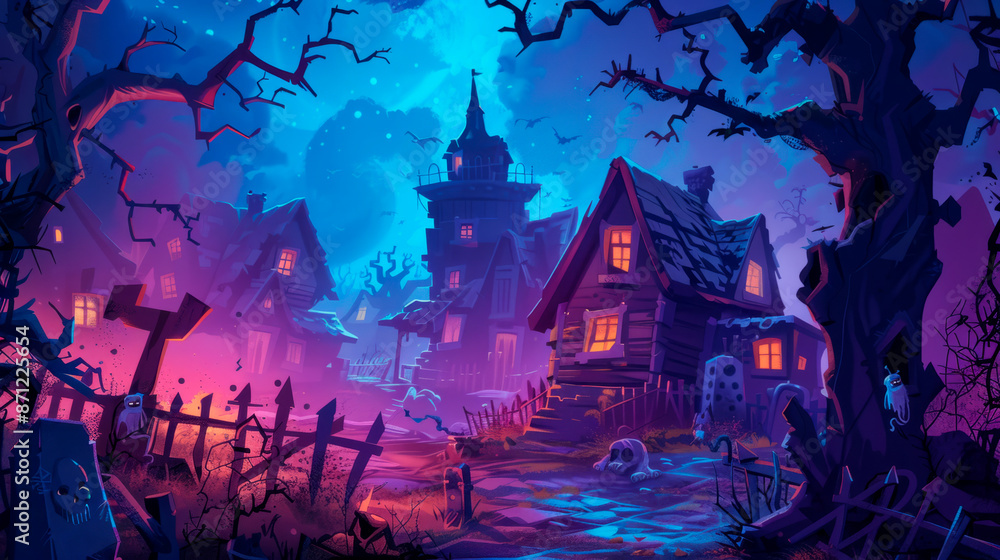 Creepy horror game menu background with creepy village, game art for ...