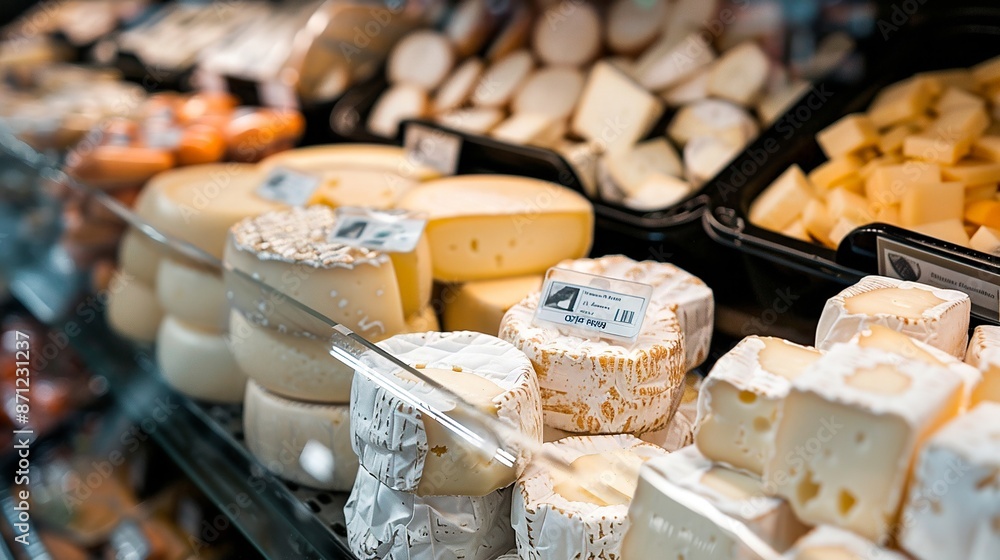 various cheeses on display in a store. Stock Photo | Adobe Stock
