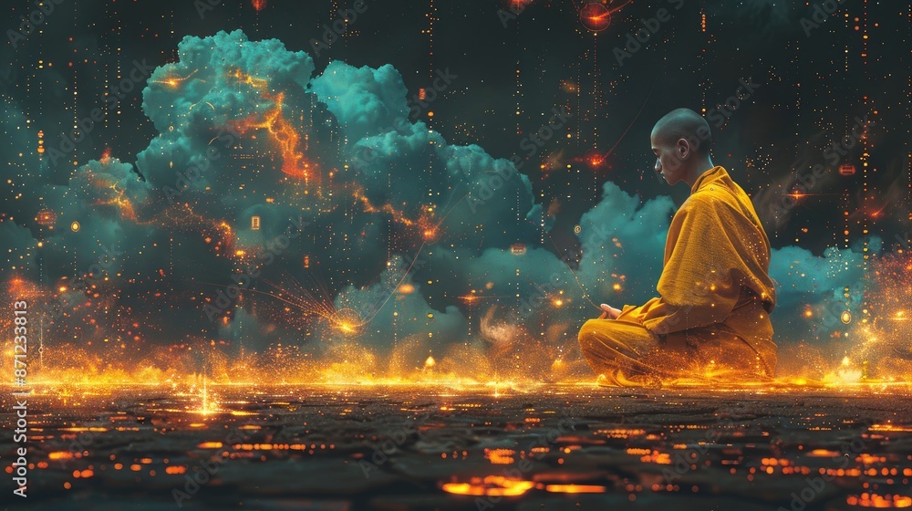 Augmented reality monk with virtual chakras, vector illustration with ...