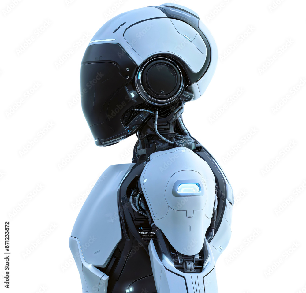 Side view 3d render of a white and black robot isolated on transparent ...