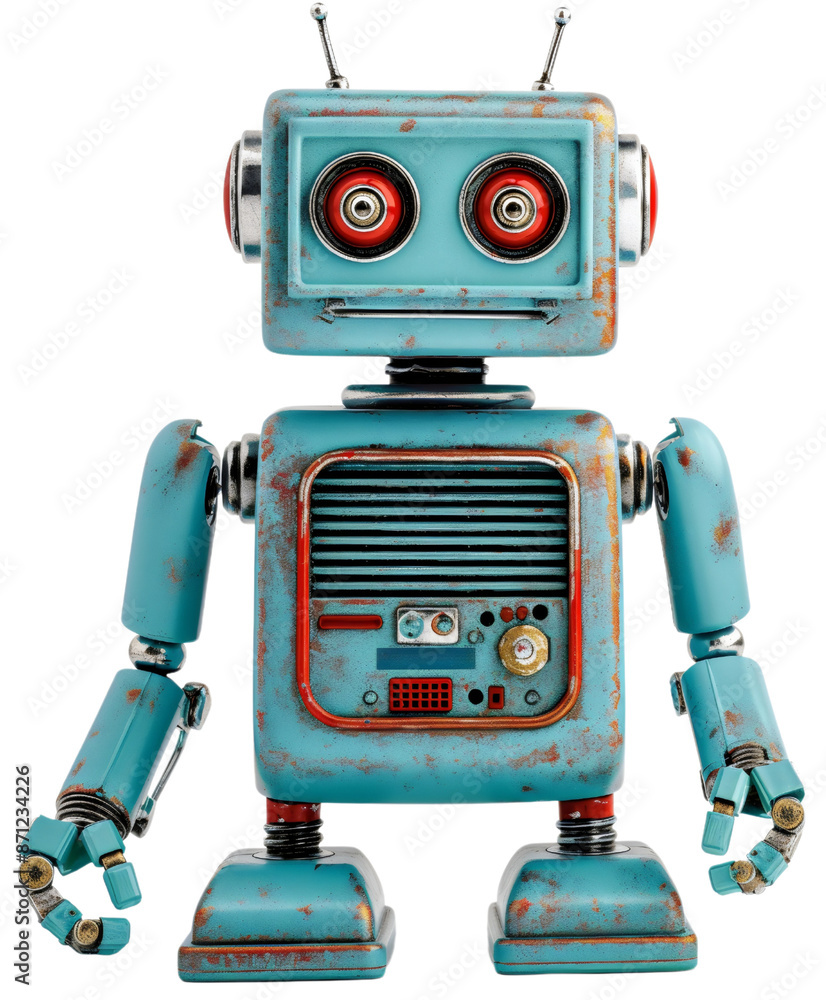Blue retro vintage old classic rustic robot toy with antennas isolated ...