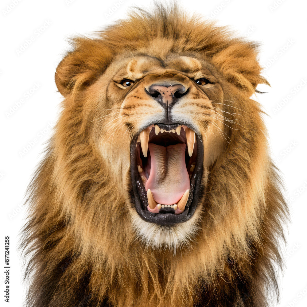 Closeup front view portrait of roaring lion head face, open mouth, jaw ...