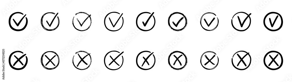 Check marks doodle set. Checkbox, checklist, tick and cross signs, v and x in sketch style. Hand ...