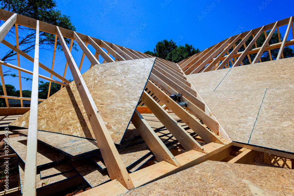 An construct wooden roofs beam from framework of trusses frames with ...