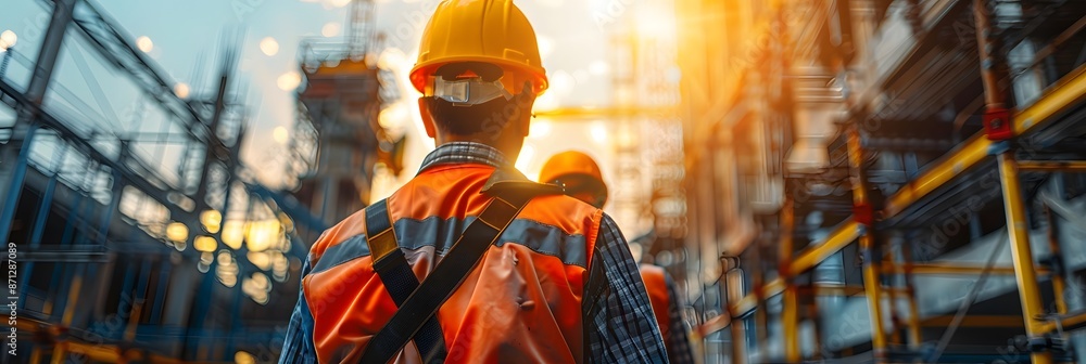 Construction workers assembling the steel framework of a high-rise ...