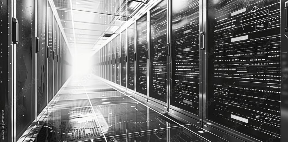 Black and White Technical Drawing of Data Center with Server Racks ...