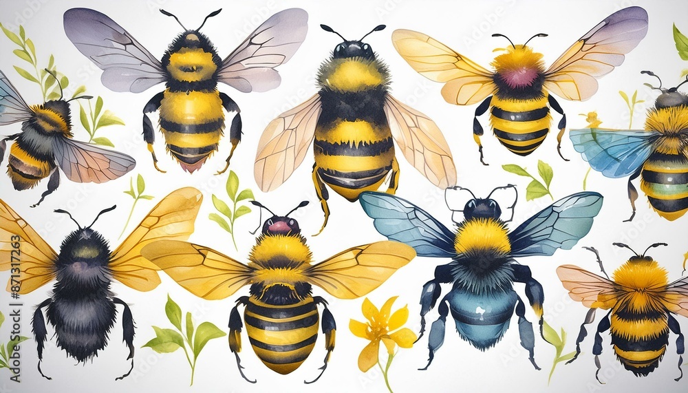 watercolor illustration, assorted bumblebees, wild insect clip art ...